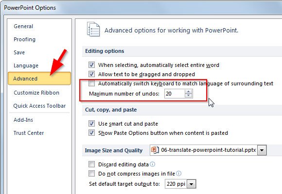 How to increase the number of Undo in PowerPoint 2010