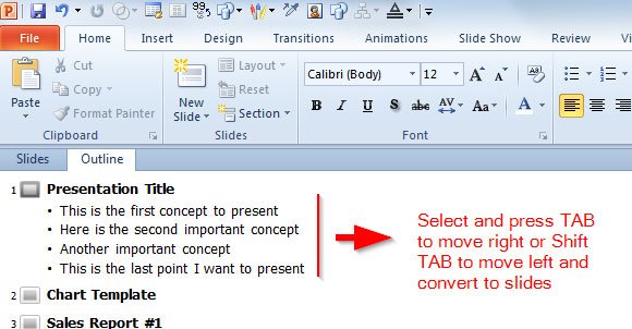 Quickly Create Slides from the Outline Pane in PowerPoint 2010
