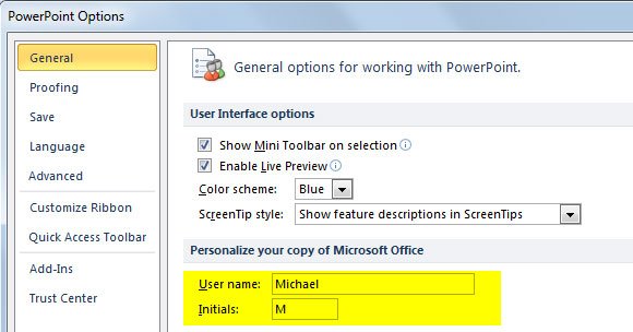 Change PowerPoint User Name and Initials