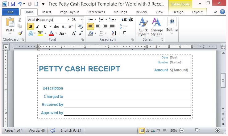 Free Petty Cash Receipt Template For Word With 3 Receipts Per Page